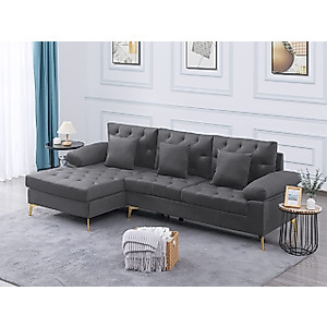 KoiHome Sectional Sofa 96.5" Left Hand Facing Velvet Button Tufted, 3-Seater Sleeper Couch with 3, Pillow top Arms, Modern L-Shape Chaise for Living, Bedroom,Waiting Room, Dark Grey