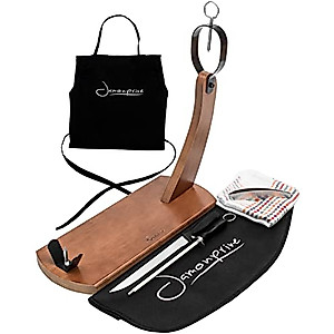 Professional Ham Stand Lacquered with Ham Knife + Sharpening Steel + Ham Cover + Kitchen Cloth + Apron + Tongs - Ham Holder Ideal for Serrano Ham, Iberico Ham and Italian Prosciutto - Jamonprive