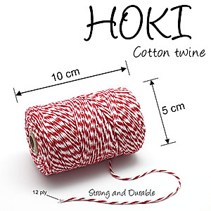 HOKI Cotton Bakers Twine Red & White 100M (328 Feet), Packing String, Durable Rope for Gardening, Decoration, Tying Cake and Pastry Boxes, DIY Crafts & Gift Wrapping, for Art and Craft