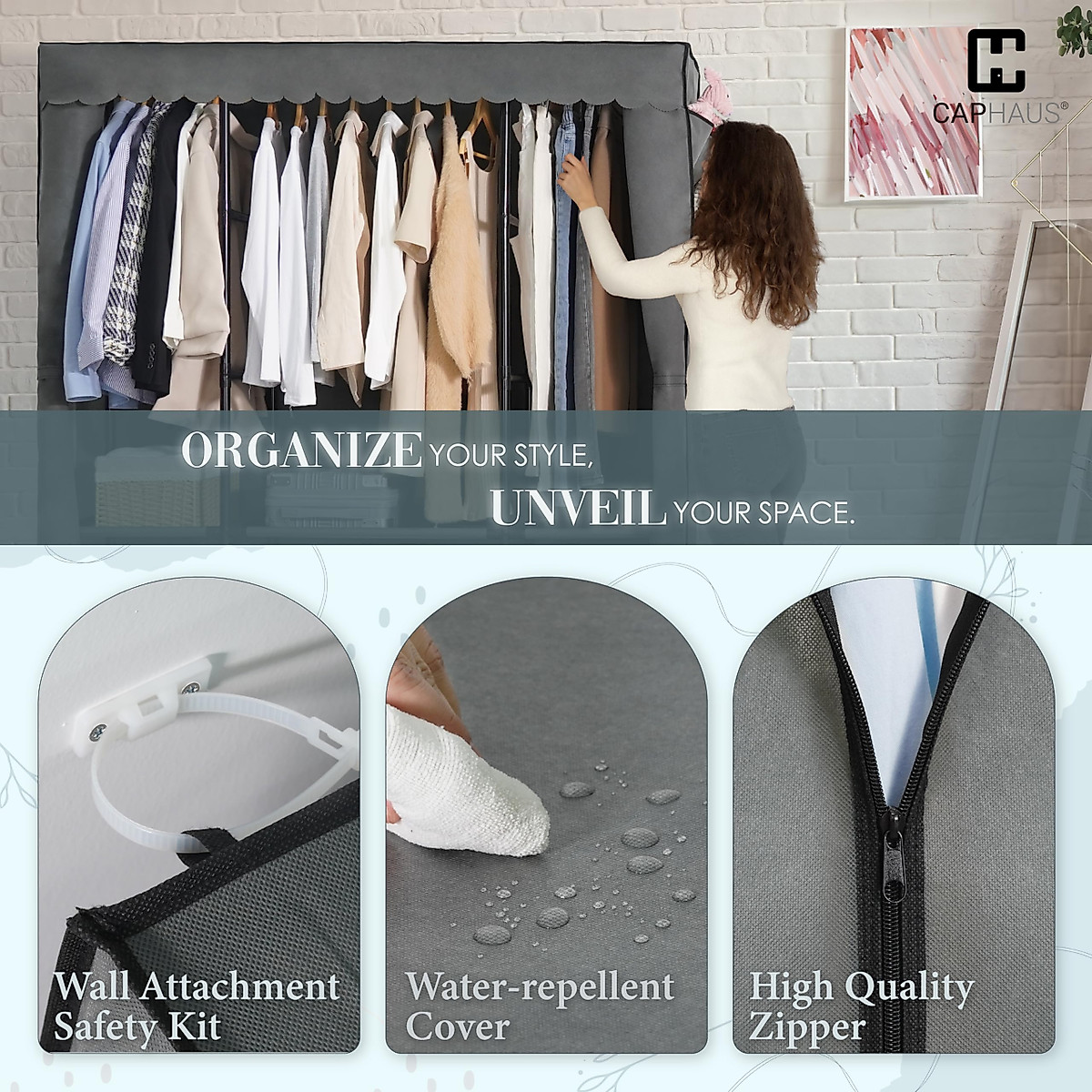 CAPHAUS 67-Inch Clothing Rack with Cover, Portable Closet Wardrobe, Covered Garment Rack for Hanging Clothes, 285LB Capacity Heavy-Duty Metal Frame Clothes Organizer Rack with Storage Shelves