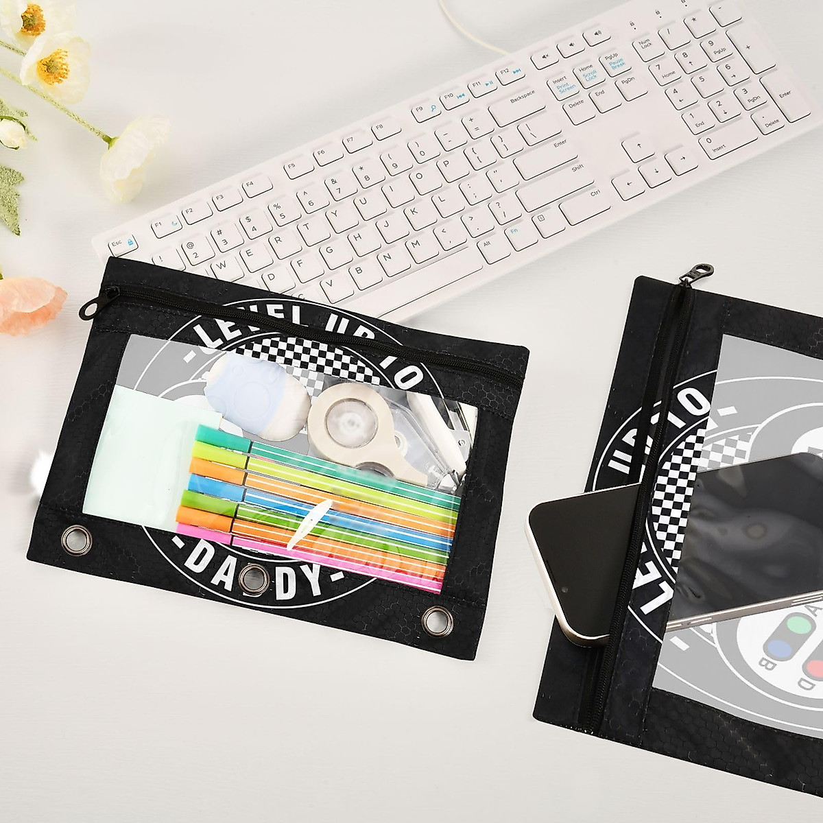 WIFIU Joystick Gamepad Console Pencil Pouch for 3 Ring Binder Pockets Clear Window Pencil Bag with Smooth Zipper Level Up To Daddy Quote Pencil Case for Organization Office Supplies Cosmetics 2 Pack