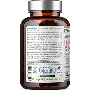 biophix Hair Skin and Nails Complex 180 Caplets with 10,000 mcg Biotin - Multivitamin Supports Strong Nails Beautiful Hair Healthy Aging