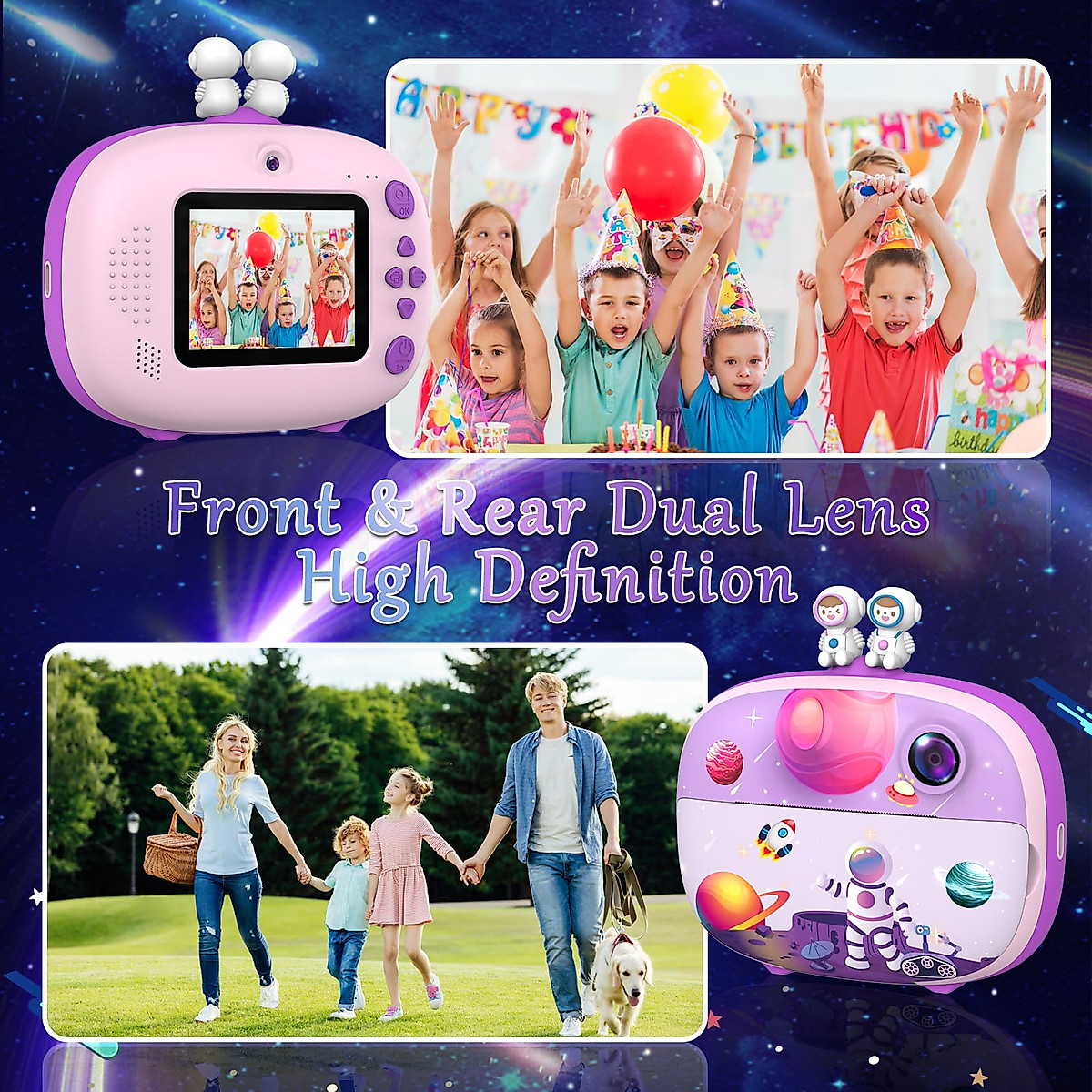 USHINING Kids Camera Instant Print, Selfie Digital Camera for Boys Girls Aged 3-12,1080P Kids Video Camera with 2.4" Screen, 32GB SD Card,Color Pens,Print Papers and Lanyard (Purple)