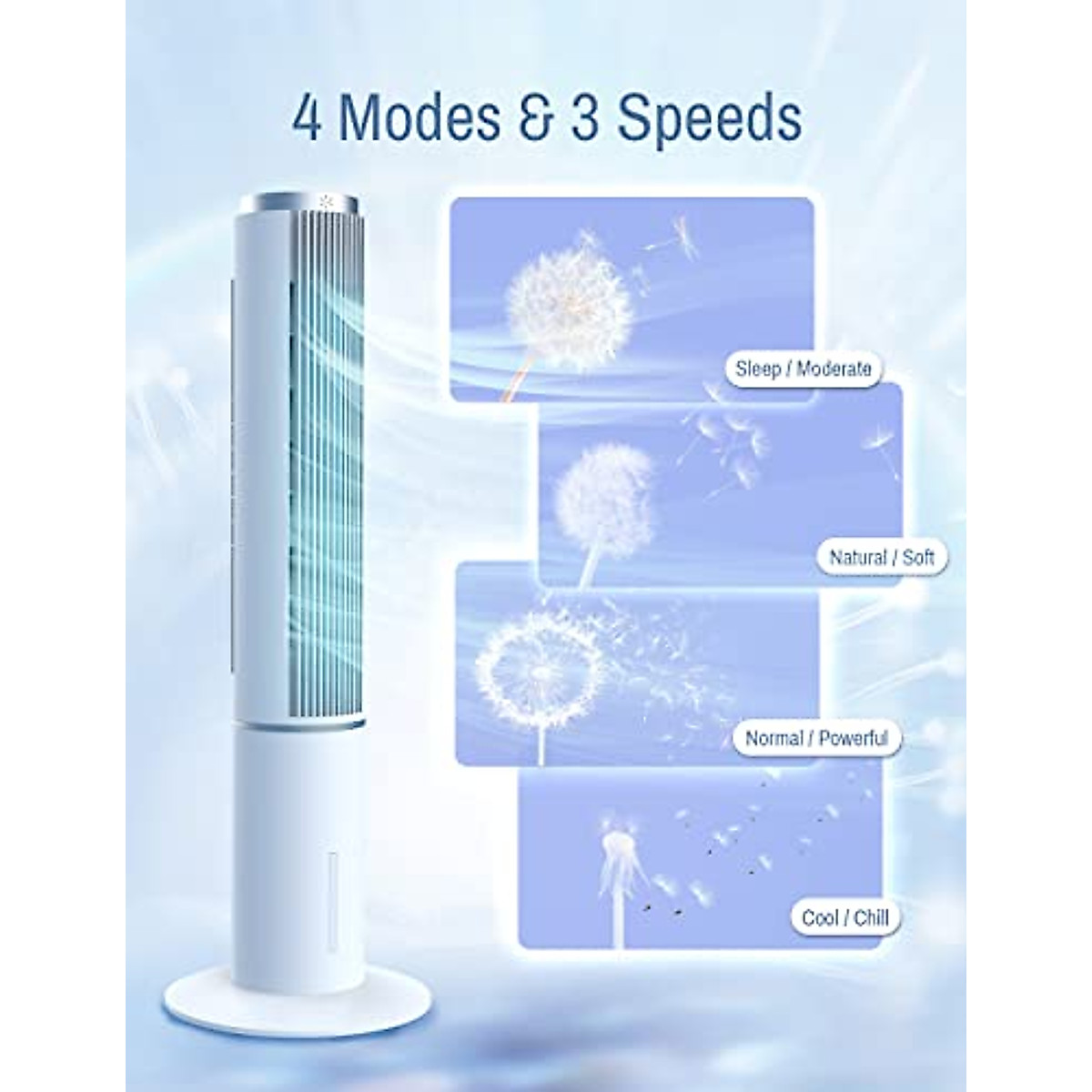 Evaporative Air Cooler - HiFresh 42-In Bladeless Tower Fan w/4 Ice Packs & Water Tank, 3 Speeds & Cooling Mode 600CFM Swamp Cooler, 70°Oscillation, 12-H Timer Remote Control for Large Room/Home/Office