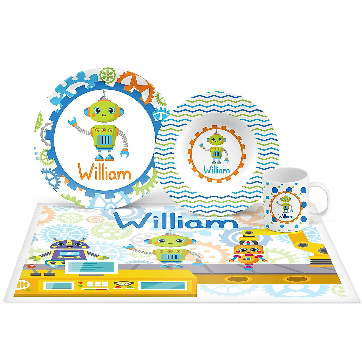 Personalized Robot Plate Set, Mealtime Set, Plate, Bowl, Placemat, Mug - Choose Your Pieces