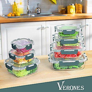 VERONES 30 Pieces Glass Meal Prep Containers Set, Airtight Glass Lunch Containers, Stackable Glass Food Storage Containers with Lids, for Microwave, Oven, Freezer & Dishwasher Friendly,Gray