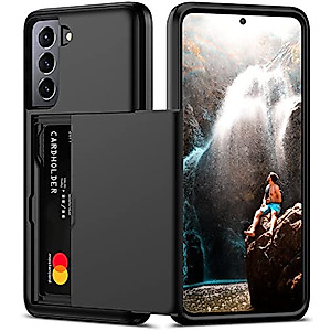 Nvollnoe for Samsung S21 FE Case with Card Holder Dual Layer Heavy Duty Protective Galaxy S21 FE Case Hidden Card Slot Slim Wallet Case for Samsung S21 FE 5G 6.4''(Black)