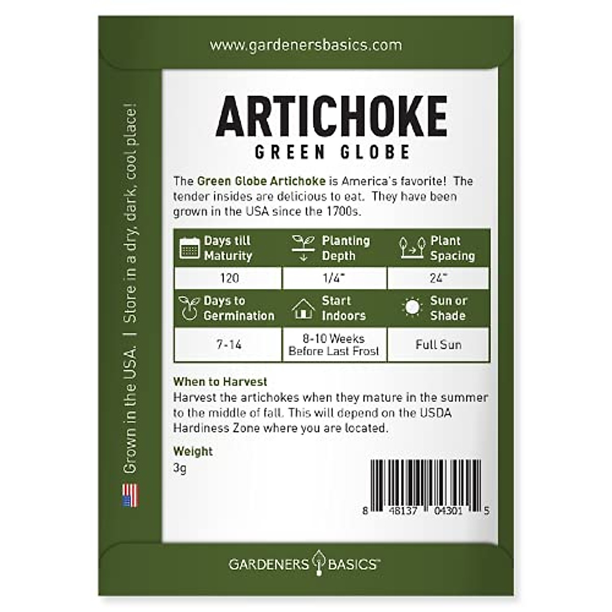 Artichoke Seeds for Planting - Green Globe Non-GMO Perennial Vegetable Variety- 3 Grams Seeds Great for Summer Gardens by Gardeners Basics