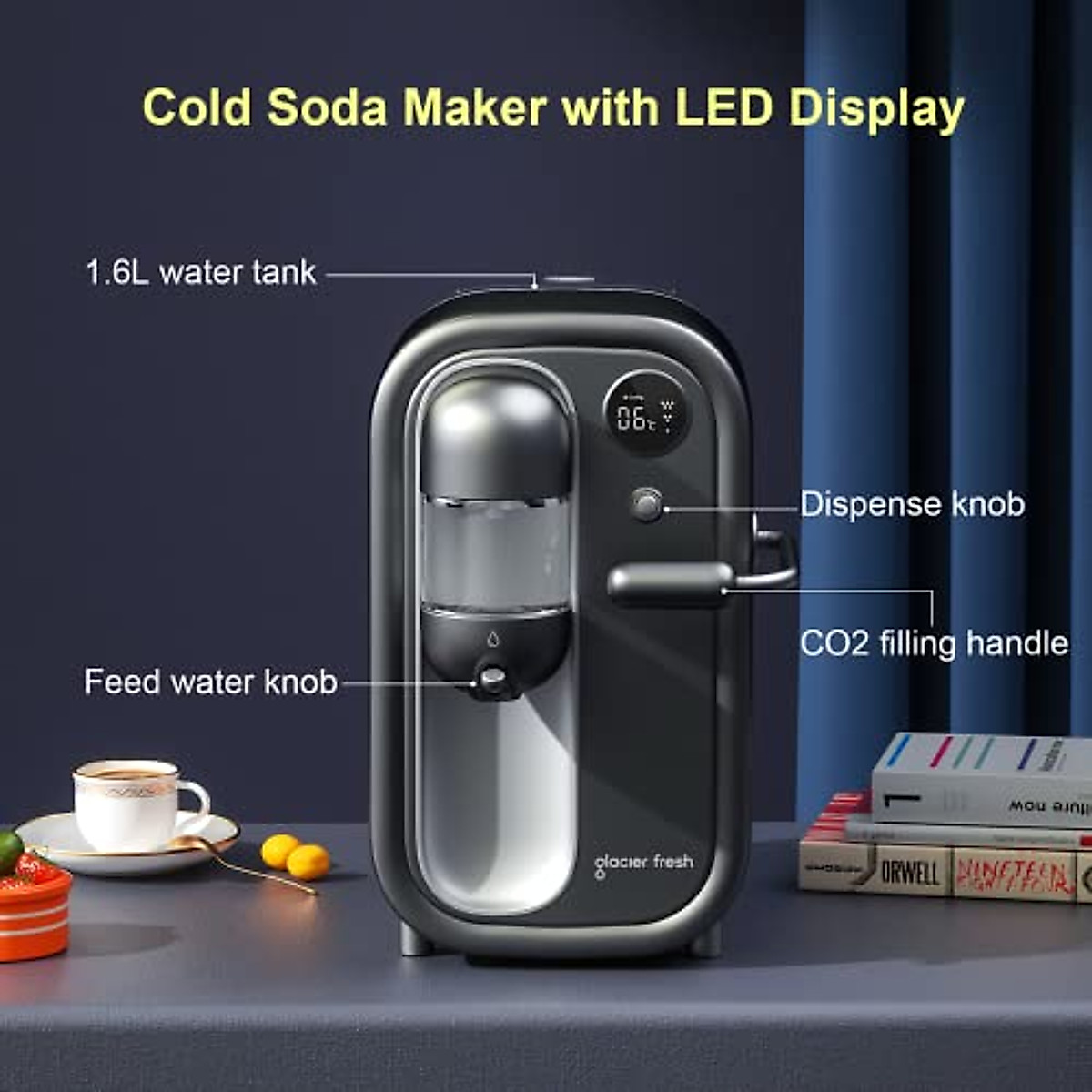GLACIER FRESH Electric Sparkling Water Maker with LED Display, Cold Soda Maker for Carbonating with 1.6L Water Tank, Compatible with GLACIER FRESH 60L CO2 Carbonator