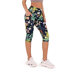 ODODOS Women's High Waisted Printed Yoga Capris with Pocket, Tummy Control Non See Through Workout Sports Running Athletic Capri Leggings, Tropical Flower, Large
