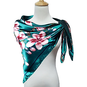 vabovin 35" Fashion Neckerchief Women's Silk Like Big Satin Square Hair Scarf Accessory (Blue Green Flowers)