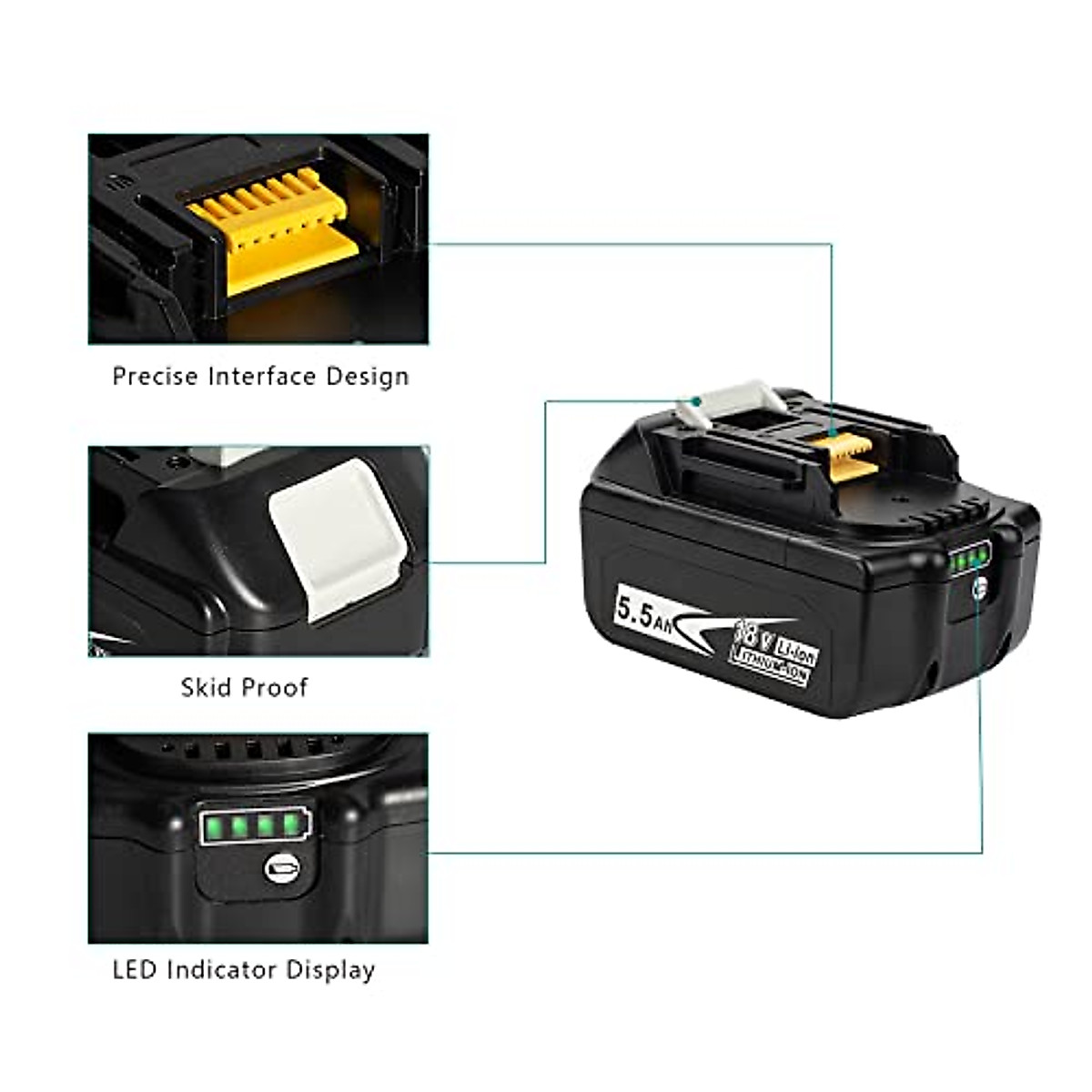 DEWQKI 2 Pack 18V 5.5Ah BL1850B Battery Replacement for Makita 18V Battery Compatible with Makita 18v Tools,Fit with Makita 18V Battery Charger