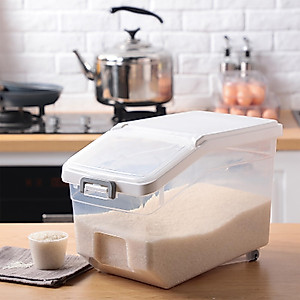 Sunnyray 4 Pcs Rice Storage Container 28 lb Airtight Flour Container with Wheels Measuring Cup Clear Pet Food Cube Dog Birds Cat Food Bin Grain Cereal Organizer Box for Dry Baking Supplies