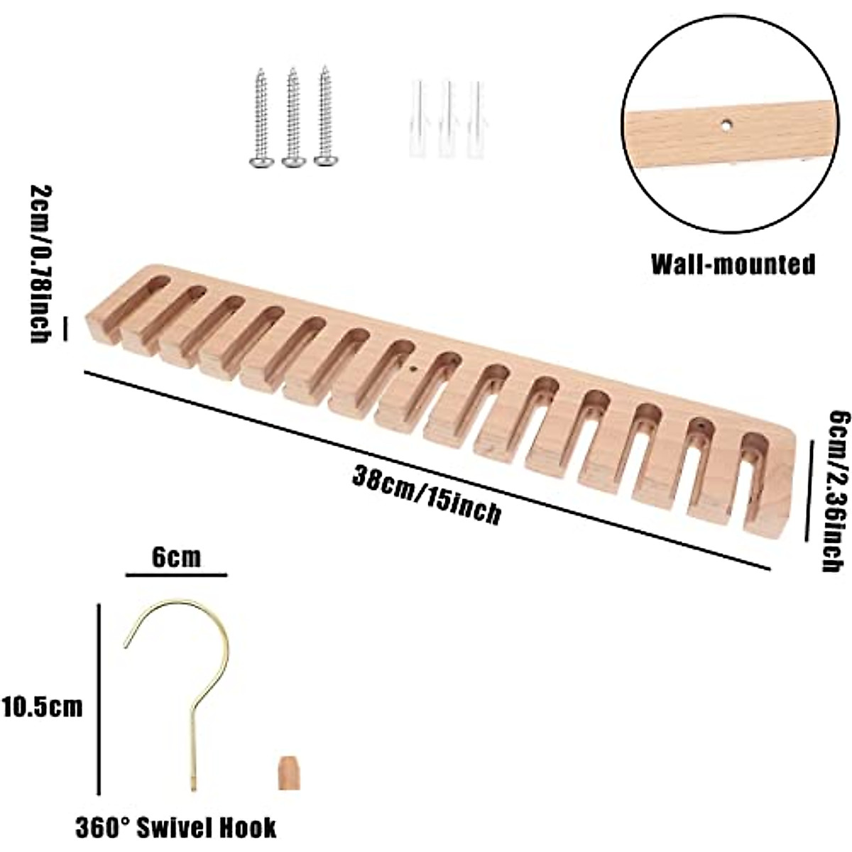 Belt Hanger for Closet, Wooden Belt Organizer for Closet, 2 in 1 Belt Rack for 14 Belts with Swivel Hook Wall Mount, Tie and Belt Holder for Closet, Door, Wall, Belt Storage, Tie Rack, Tie Hanger