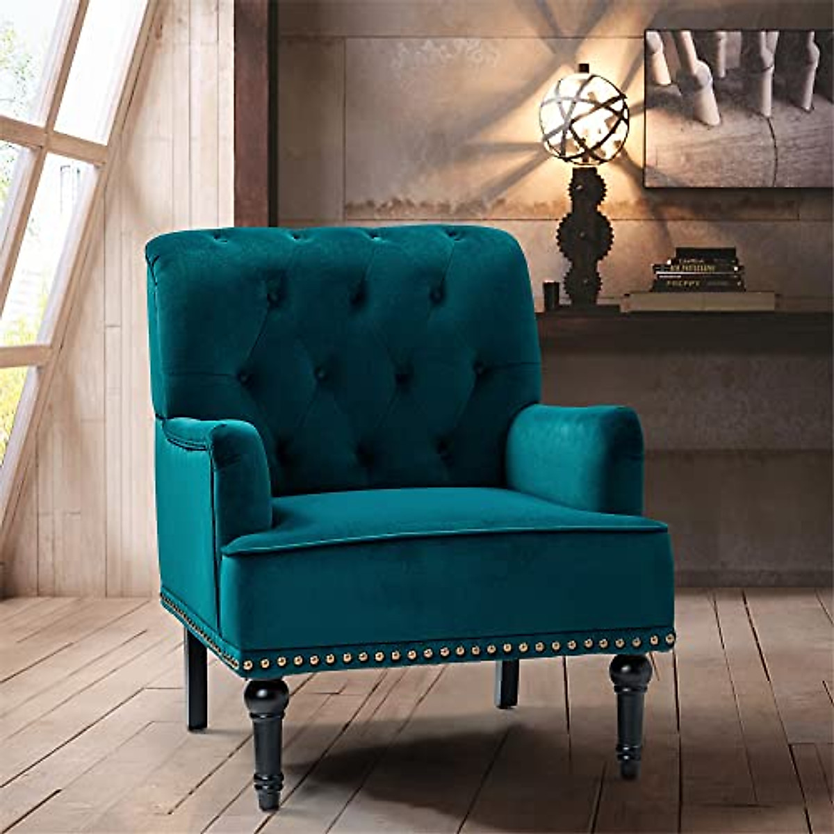 VanTook Mid Century Modern Button Tufted Accent Chair, Velvet Lounge Reading Armchair with Rubberwood Legs and Nailhead Trim, Single Corner Side Arm Chairs for Living Room Bedroom, Teal