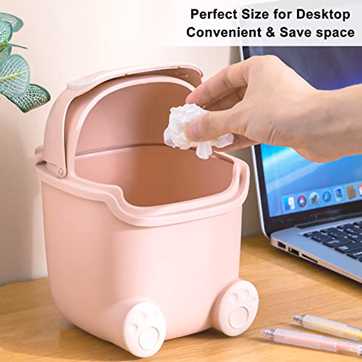 SHAIDOJIO Cute Desktop Trash Can, Creative Mini Garbage Can with 90Pcs Trash Bags, Small Desktop Plastic Waste Basket with Flip Lid for Bathrooms, Kitchens, Offices, Dressing Table (Pink)