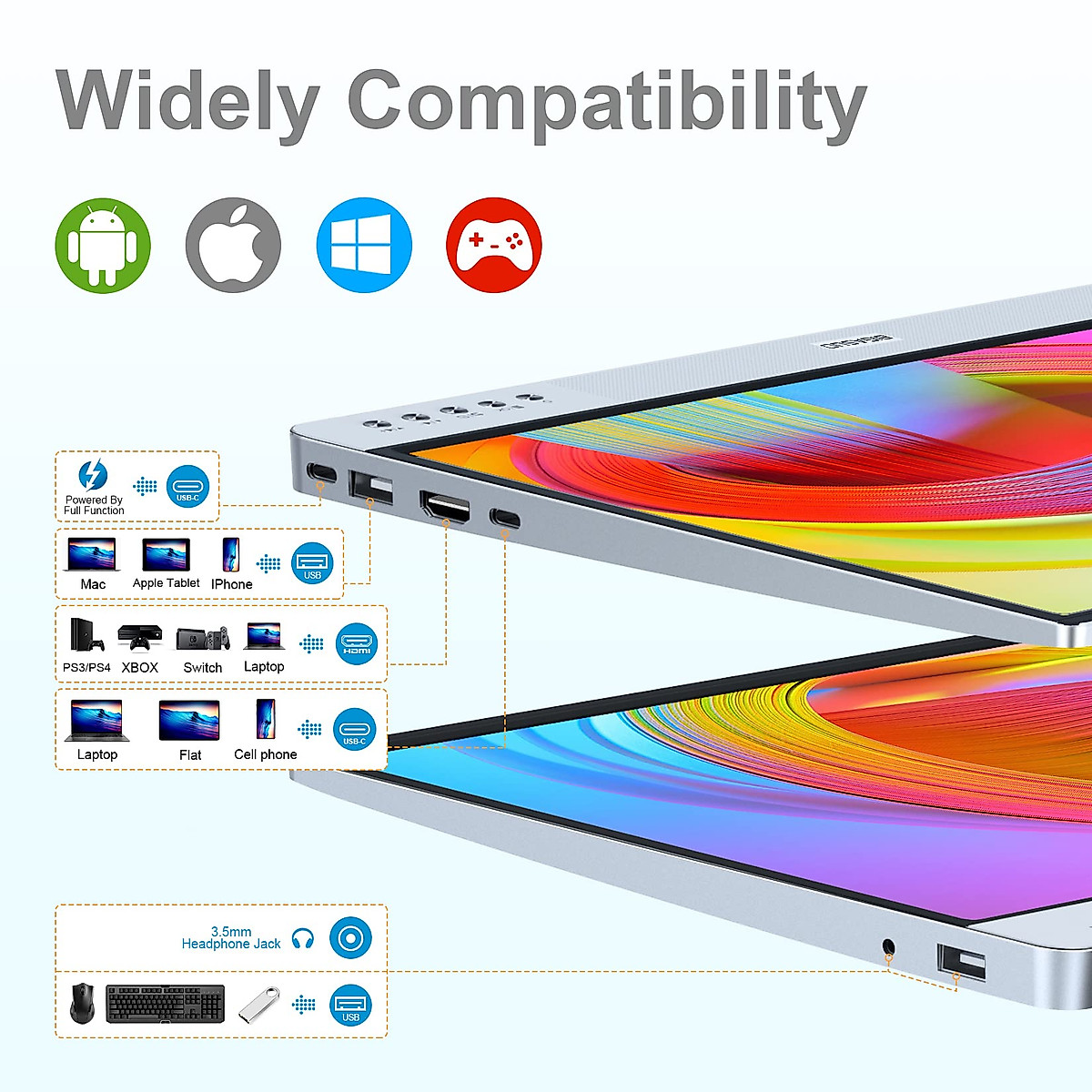 BIGASUO Portable Monitor, 15.6 FHD HDR 1080P Portable Laptop Monitor, Built-in 6000mAh Rechargeable Battery, Dual Spearker for Laptop PC/MacBook/Phone Xbox Switch PS4 PS5- Gift for Family and Friends