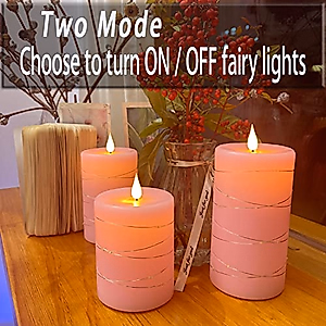 Fanzir Pink Flameless Candles with String Lights Battery Operated Flickering LED Pillar Candles 4‘’ 5‘’ 6‘’ Candle with Remote Control, Set of 3