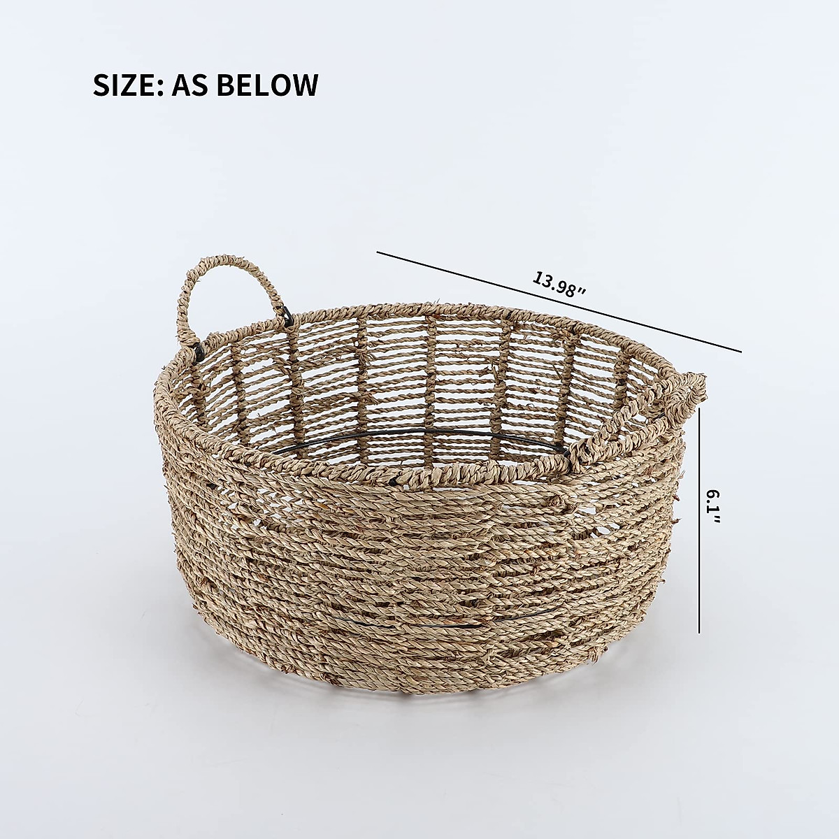 HODAKJUE Round Storage Basket Made by Seagrass with Handles (13.58"Dx6.1"H)