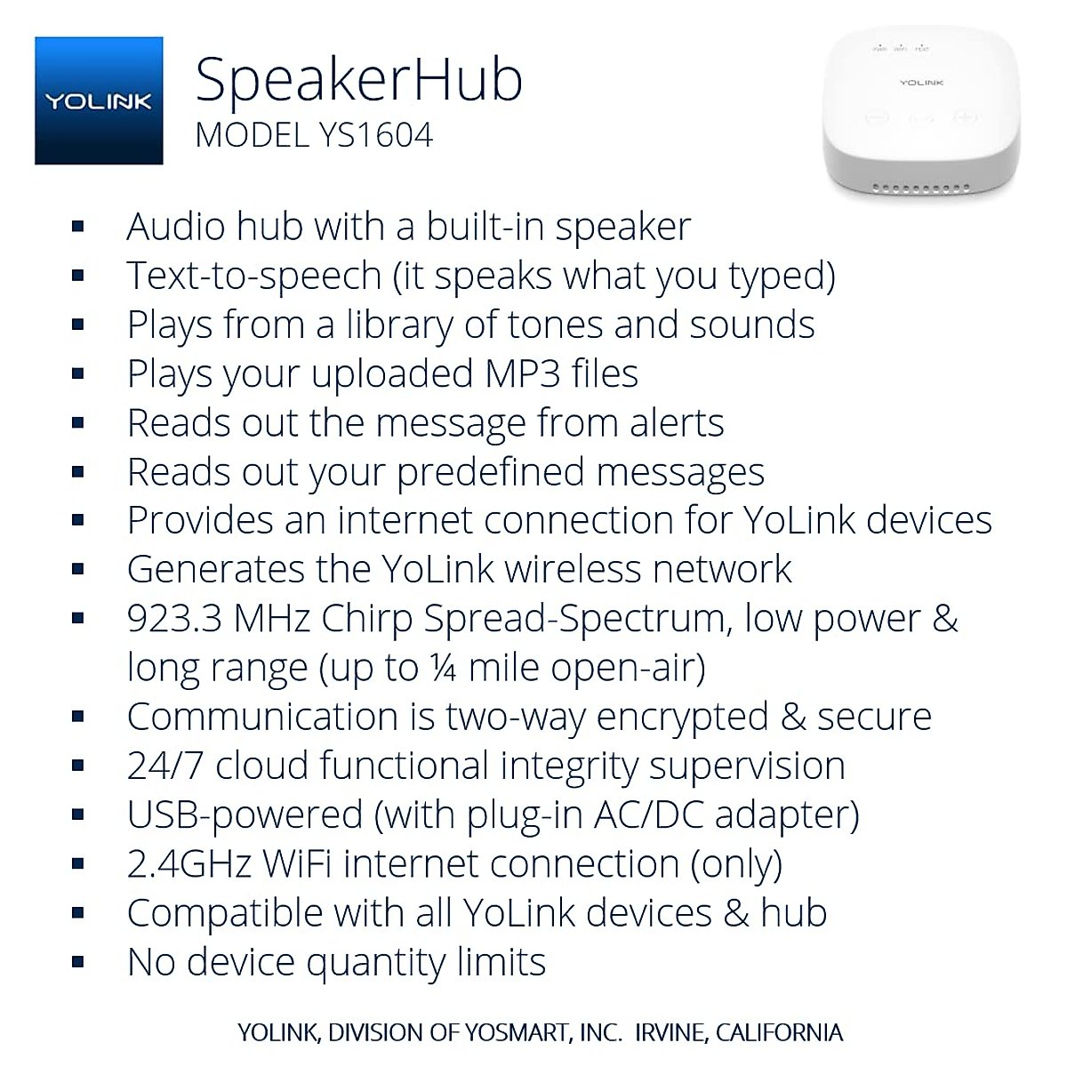 YoLink SpeakerHub & Three Water Leak Sensors Starter Kit – Plays Tones/Sounds, Spoken Messages, LoRa-Powered ¼ Mile Range, App Alert, Emails, SMS/Text, IFTTT