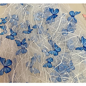 2Yards White mesh Blue Fantasy Butterfly Embroidery Lace White Mesh Fabric DIY Beautiful Creative Skirt Dress Decoration Fabric(White)