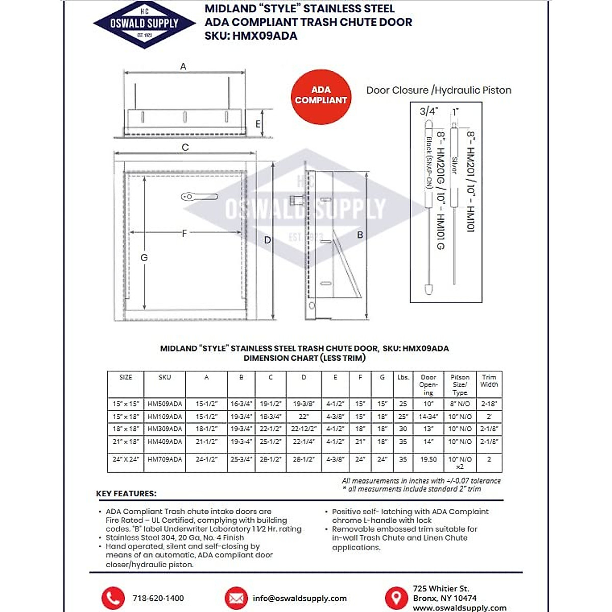 Oswald Supply ADA Compliant Trash Chute Door - Bottom Hinged, 18"(H) X 18"(W), Noiseless Self Closing, Fire Rated & UL Approved HM309ADA
