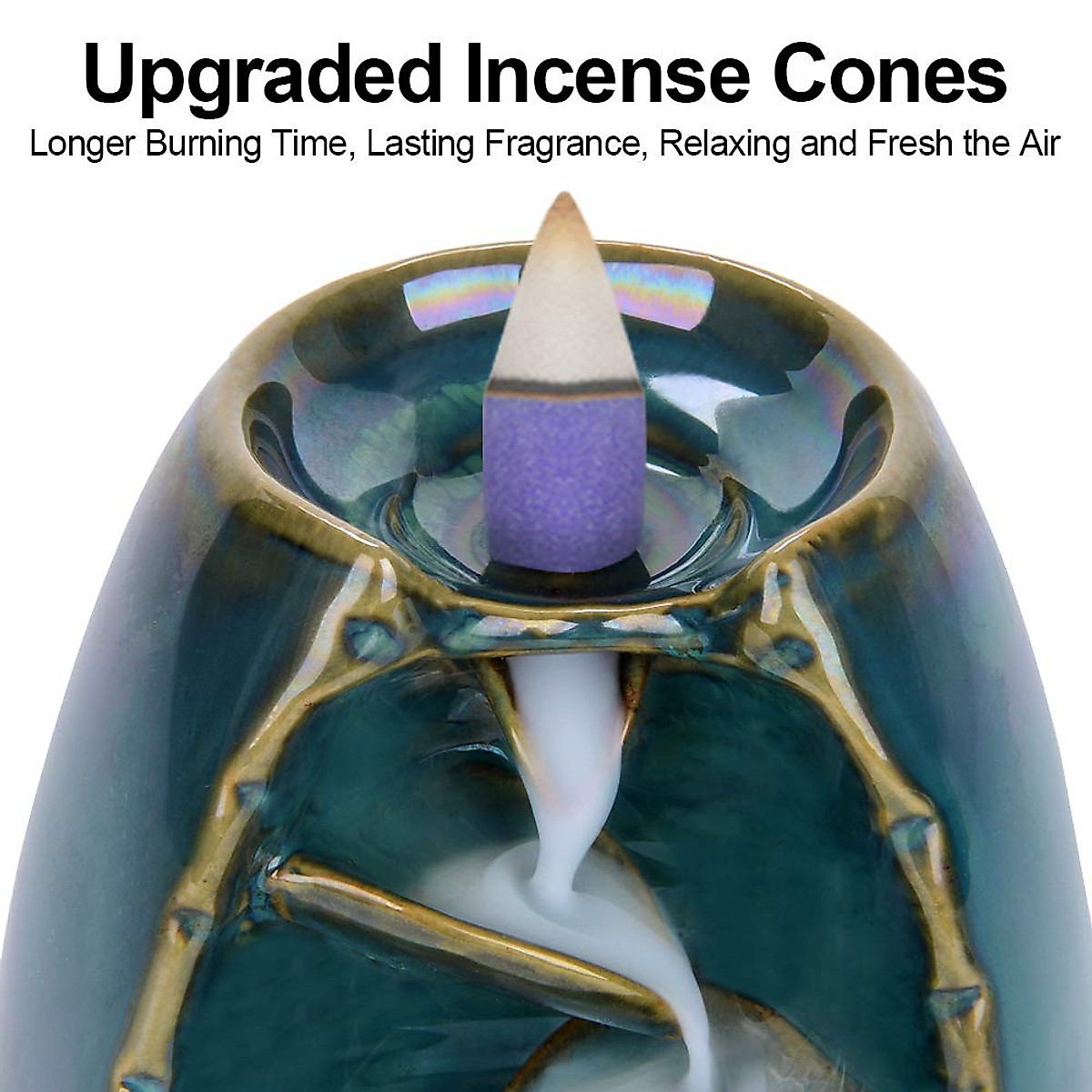 SPACEKEEPER Ceramic Backflow Incense Holder Incense Burner Waterfall, with 120 Backflow Incense Cones + 30 Incense Stick, Aromatherapy Ornament Home Decor, Blue Set