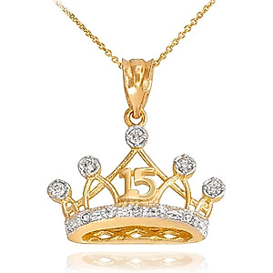 10K Yellow Gold White Cubic Zirconia 4/5" Sweet 15 Anos Quinceanera Crown Pendant Necklace - 16"