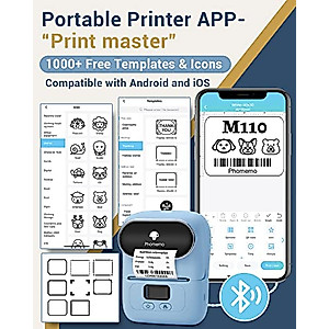 Phomemo Barcode Label Printer - M110 Label Maker Portable Bluetooth Label Maker Machine for Small Business, Barcode, Address, Logo, Clothing, Jerwery, Thermal Printer Compatible with Phones & PC, Blue