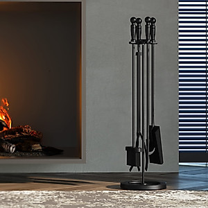 FireBeauty Fireplace Tools Set 5 Pieces Wrought Iron Fire Place Pit Poker Holder 31" H (Black)