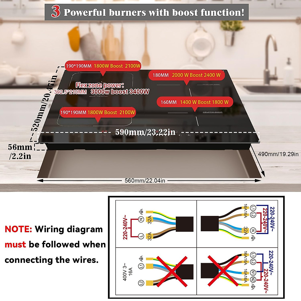 Karinear Induction Cooktop 4 Burners, 7400W 24'' Built-in Induction Stovetop with Flex Zone,Child Safety Lock, Timer, Boost, Slider Control Black Glass Electric Cooktop 220-240V Hard Wire