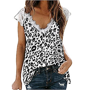 wodceeke Women's Leopard Print Tank Tops Lace Deep VT Shirt Summer Casual Loose Vest Tops Blouse (White, S)
