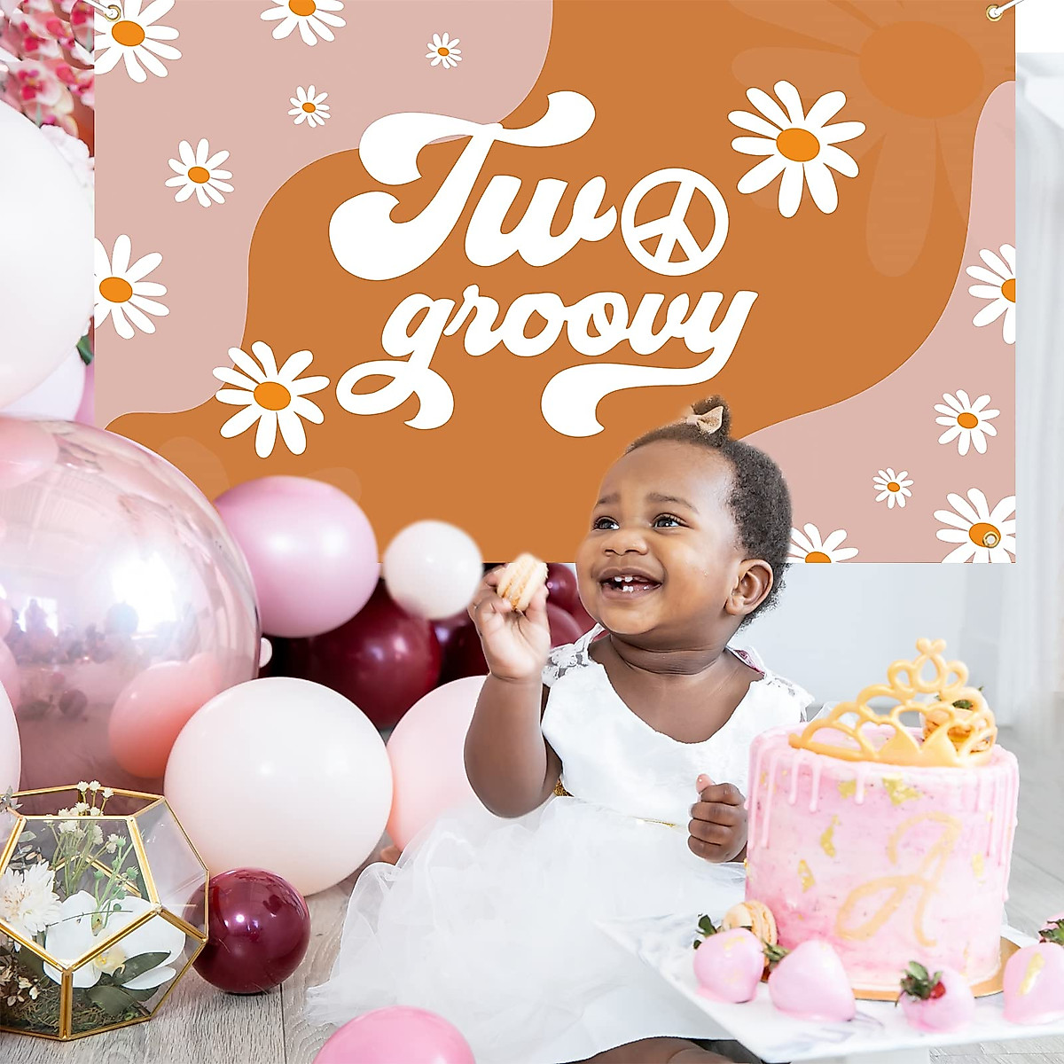 DARUNAXY Two Groovy Retro Hippie Boho Banner, 2nd Birthday Party Decoration 2 Year Old Birthday Party Supplies, Daisy Flower Groovy Backdrop for Baby Girls Hippie Theme Birthday Photography Background