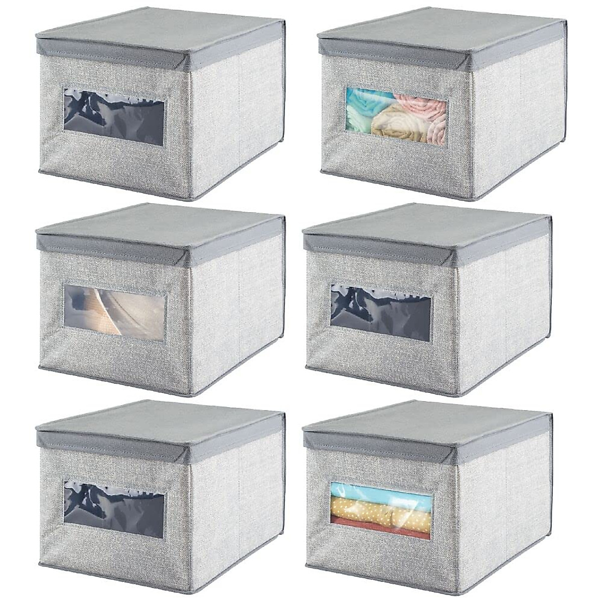 mDesign Large Fabric Stackable Closet Organizer Box with Clear Window/Lid for Bedroom, Office, Bathroom, Mudroom Organization - Shoe, Sweater, Clothes Storage, Lido Collection, 6 Pack, Gray