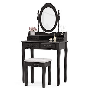 mecor Vanity Table Set/Oval Mirror,Wood Makeup Table w/4 Drawer Storage,Bedroom Dressing Table with Cushioned Stool for Girls Women Black