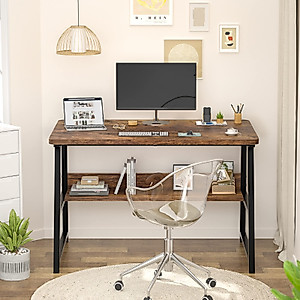 Topfurny Computer Desk 32 Inch Modern Sturdy Writing Desk with Bookshelf Study Table Desk with Metal Legs Industrial Table for Home Office for Small Space, Rustic Brown