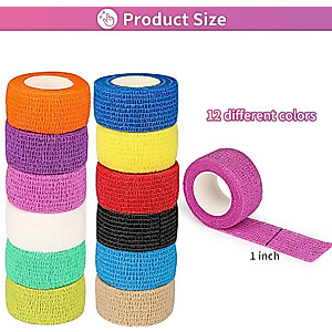 Lenicany 12Pack 1” x 5 Yards Self Adhesive Bandage Wrap, Elastic Self Breathable Self Adherent Wrap for Pets, Athletic Cohesive Bandage for First Aid, Sports Injury & Protection, 12Color