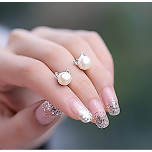 S.Leaf Cat Earrings Pearl Earrings Sterling Silver Earrings for Women Cat Memorial Gifts Cat Gifts for Cat Lovers