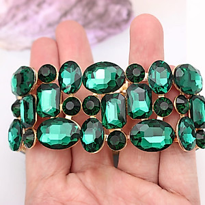 Enrwin Women’s Wedding Bridal Crystal Leaf Flower Stretch Bangle Elastic Wide Bracelet Jewelry for Brides Bridesmaid (Emerald-Gold Plated, Alloy)