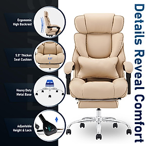Office Chair with Footrest-Ergonomic Computer Chair with Extra Lumbar Support Pillow, High Back Executive Desk Chair Thick Bonded Leather, Large Home Office Work Chair with Wide Seat for Comfort-Khaki