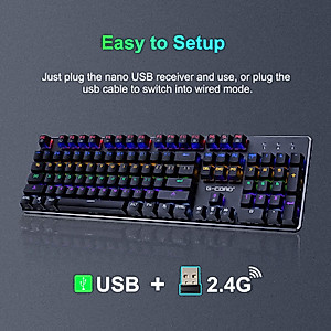 G-Cord Wireless Mechanical Gaming Keyboard, 104 Keys Wired Keyboard with Numpad, Anti-Ghosting Computer Keyboard for PC Desktop Gamers