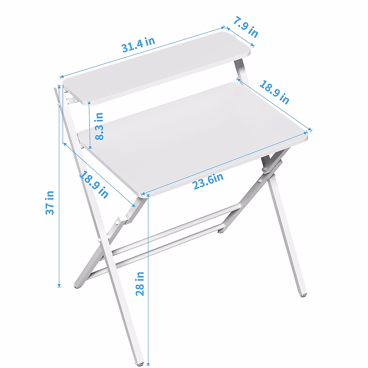 Vipass 2-Tier Folding Home Office Desk,Not Require Assembly,Space Saving Portable Laptop Study Foldable Table for Small Spaces,White