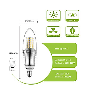 Bogao E12 LED Candelabra Bulb, 12W Daylight White 6000K LED Candle Bulbs, 80-100 Watt Light Bulbs Equivalent, E12 Candelabra Base,1200 Lumens LED Lights,Torpedo Shape (4 Pack)