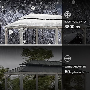 SUNJOY 12 x 20 ft. Wood Gazebo, Outdoor Patio Aluminum Hardtop Gazebo, Cedar Framed Wooden Gazebo with 2-Tier Roof, Suitable for Patios, Lawn and Backyard, Matte Black Roof + Gray Wood Frame