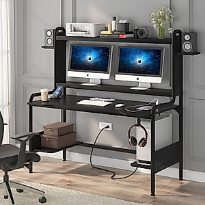 TIYASE Gaming Desk with Monitor Stand & Power Outlet, 55 Inch Gaming Computer Desk with Hutch and Storage Shelves, Large PC Gamer Desk Workstation Gaming Table with Cup Holder, Headphone Hook,Black