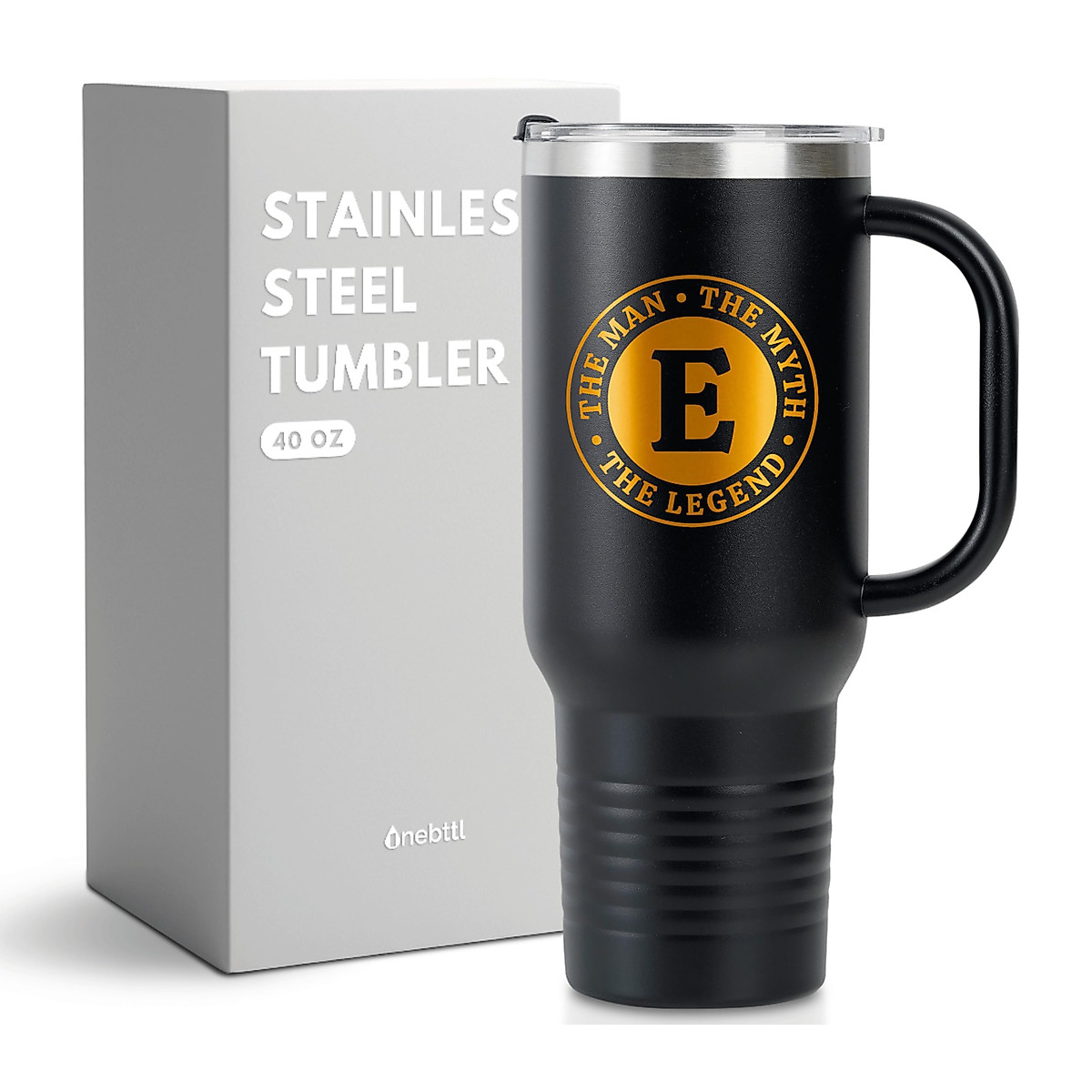 the Man the Myth the Legend, Monogrammed 40oz Tumbler with Handle for Men, Funny Personalized Travel Mug, Unique Birthday Christmas Gifts for Him, E