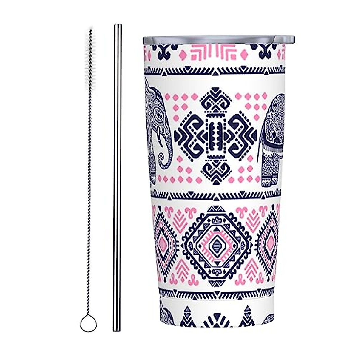 20oz Insulated Coffee Tumbler With Straw Stainless Steel Swig Tumblers,Travel Mugs Insulated For Hot And Cold,Reusable Thermal Water Bottle Cup For Car Camping Exercise（Mandala Bohemian Elephant ）