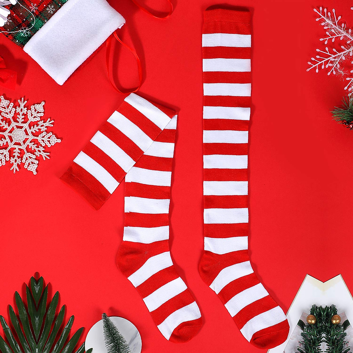 Tatuo 2 Pairs Women's Long Striped Socks over Knee Thigh High Stockings for Halloween St. Patrick's Day Mardi Gras Socks(Red and White)