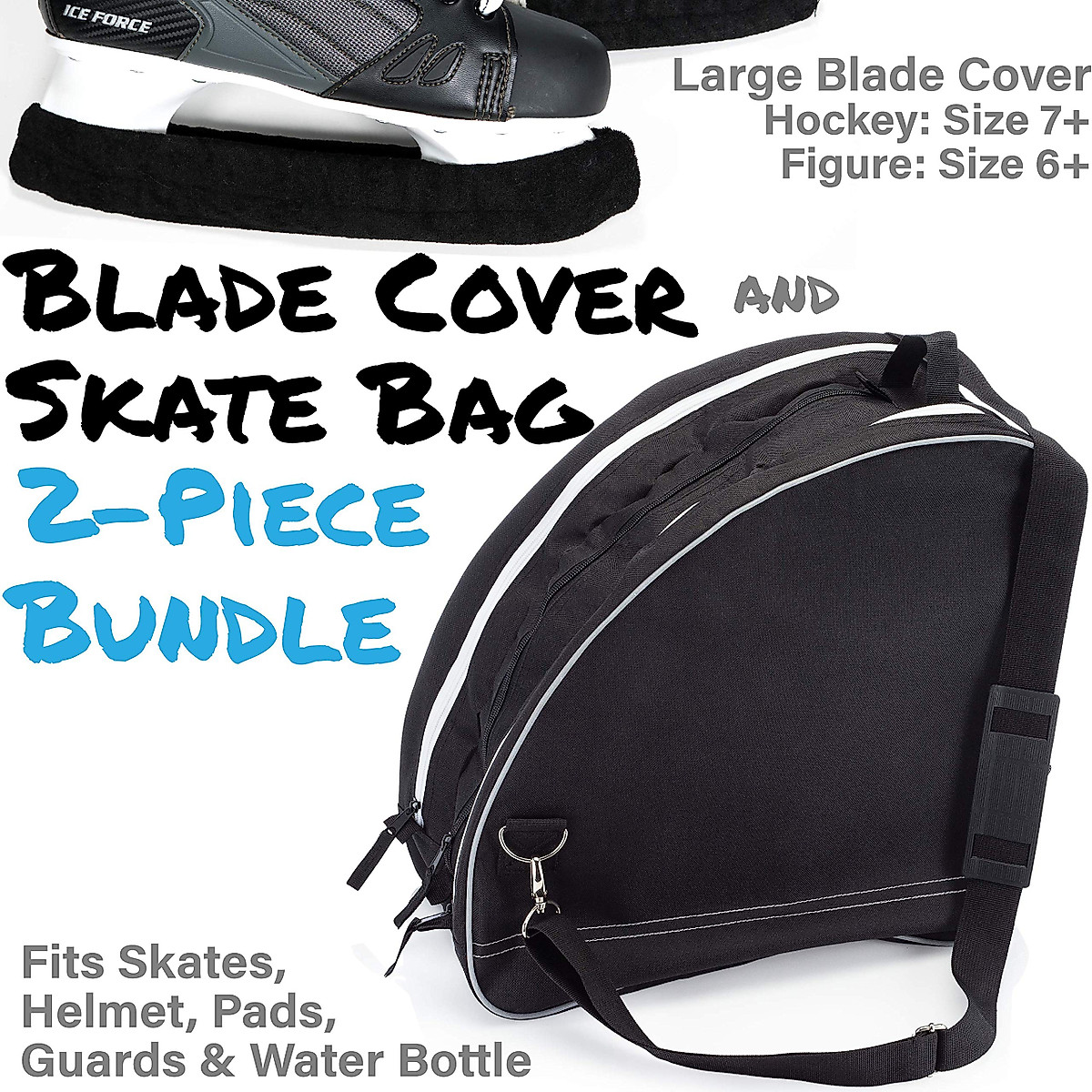 Athletico Ice Skate Bag + Large Skate Blade Cover - Bundle Includes Skate Bag for Ice Skates, Figure Skates, or Hockey Skates and Blade Cover to Protect Blades (Black) (Black, Large)