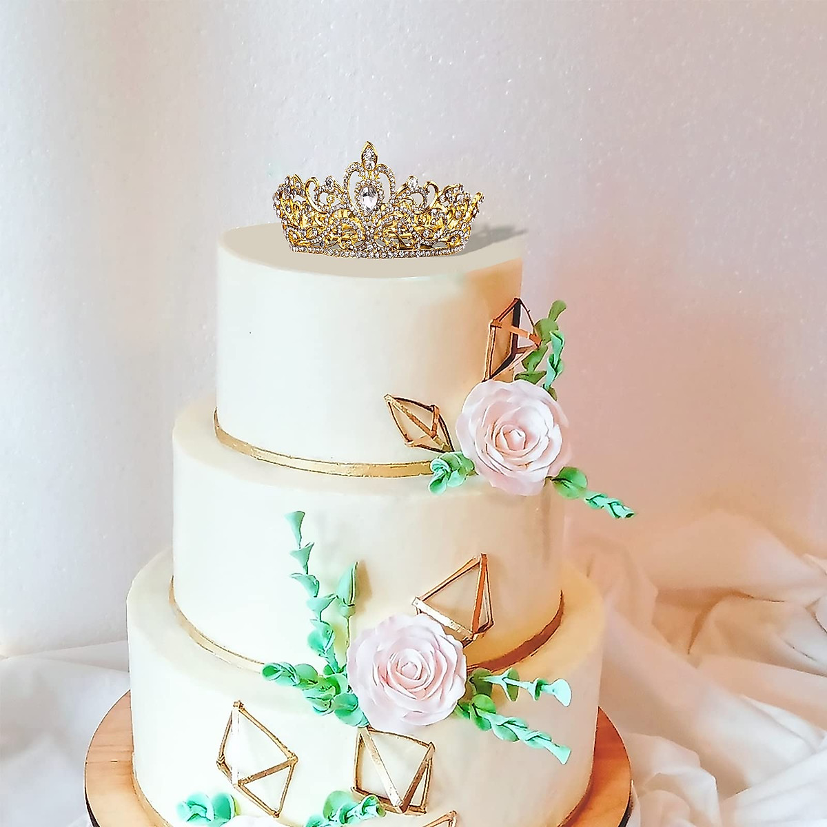 Crown Cake Topper Crystal Quinceanera Crown Princess Tiara for Women and Girls Decoration for Wedding Birthday Baby Shower Bride Hair accessories (Gold)